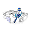 Sterling Silver Bird Ring – Enamel Bluebird & Leaf Branch Design (Women’s)