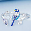 Sterling Silver Bird Ring – Enamel Bluebird & Leaf Branch Design (Women’s)