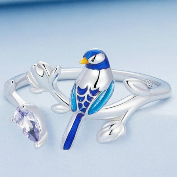 Sterling Silver Bird Ring – Enamel Bluebird & Leaf Branch Design (Women’s)