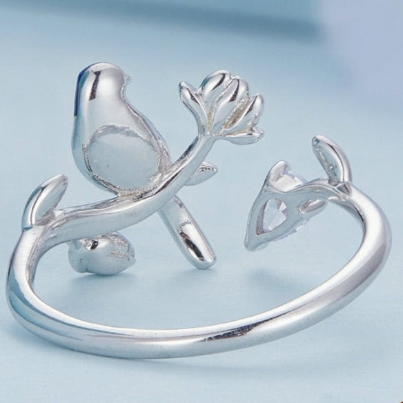 Sterling Silver Bird Ring – Enamel Bluebird & Leaf Branch Design (Women’s)