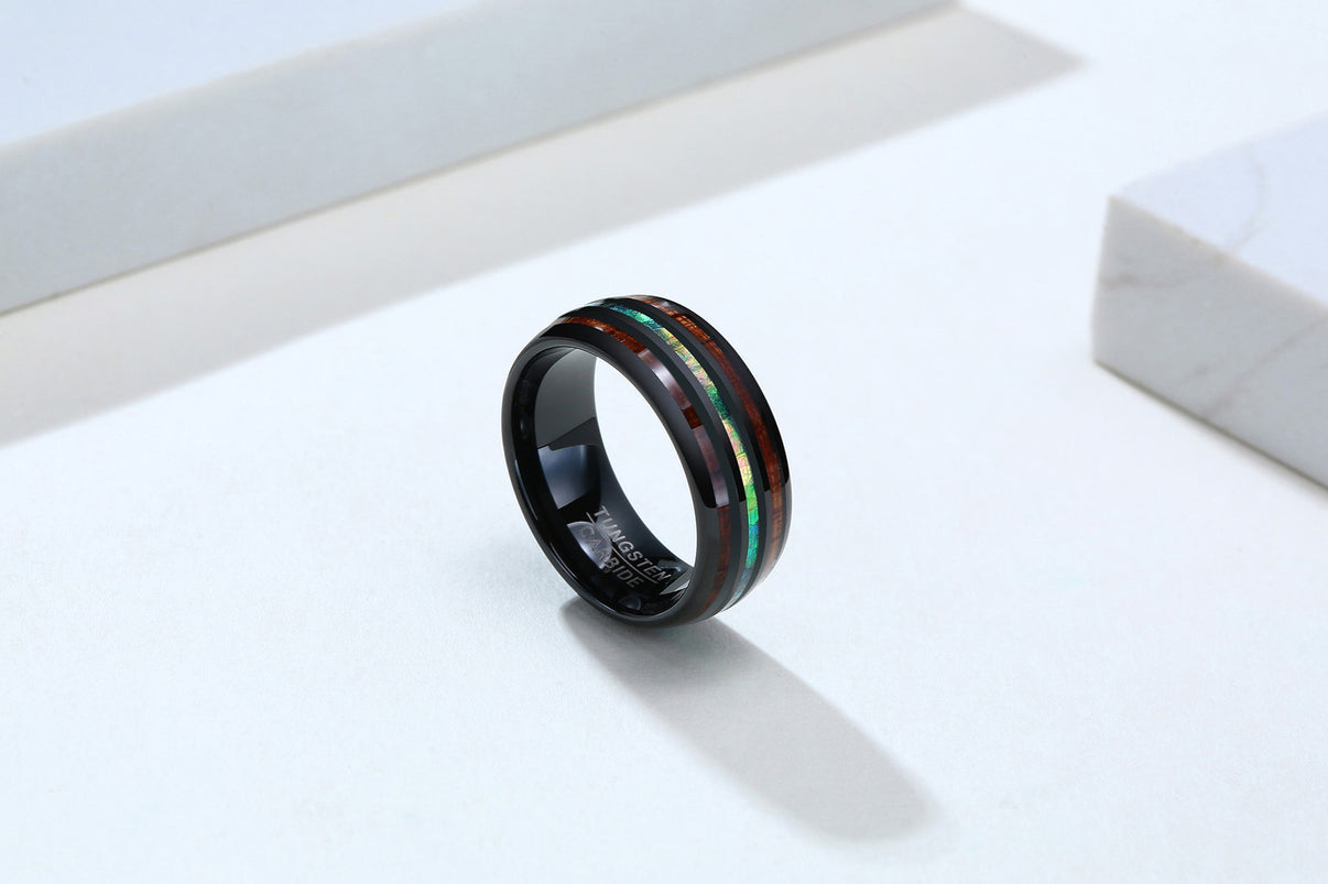 8mm Abalone Shell & Wood Inlay Tungsten Mens Ring