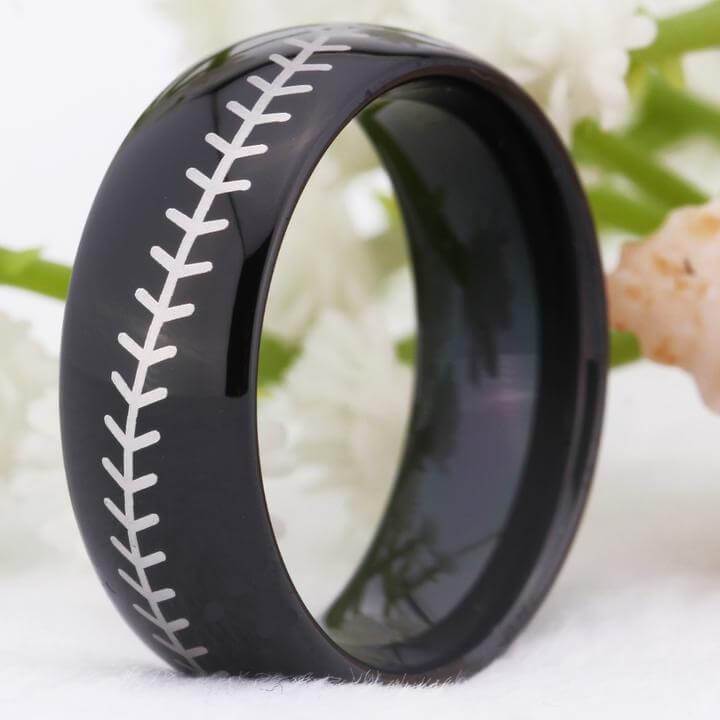 8mm Baseball Stitch Sports Tungsten Mens Ring