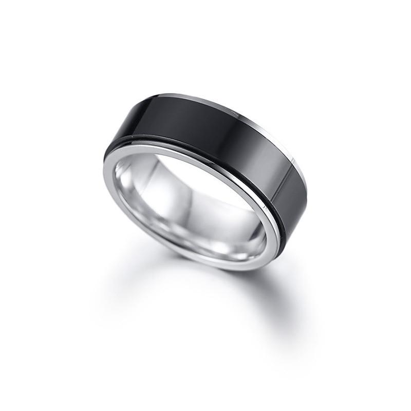8mm Black & Silver Stainless Steel Rotatable Spinner Men's Ring
