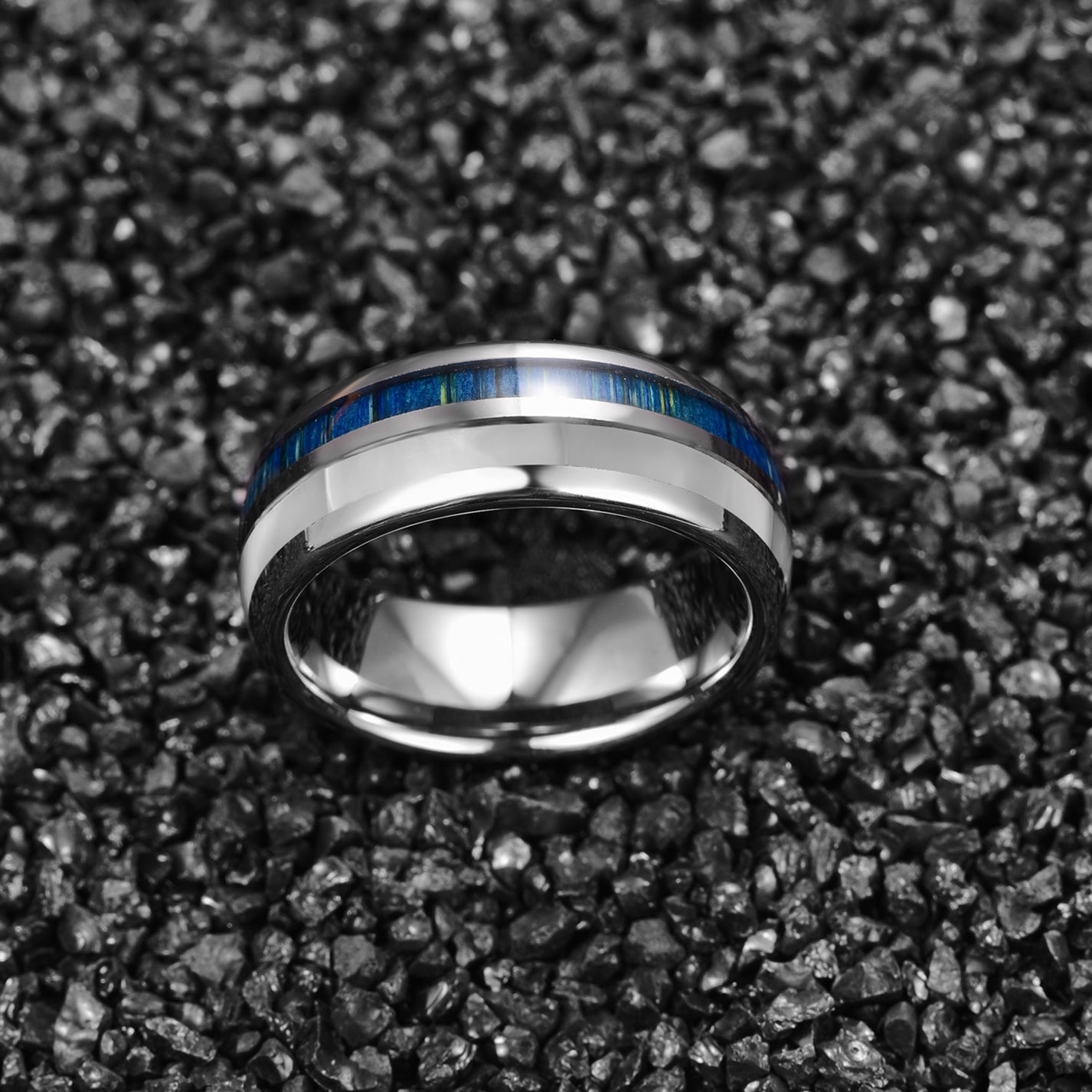 8mm Blue Wood Grain & White Shell Tungsten Men's Ring
