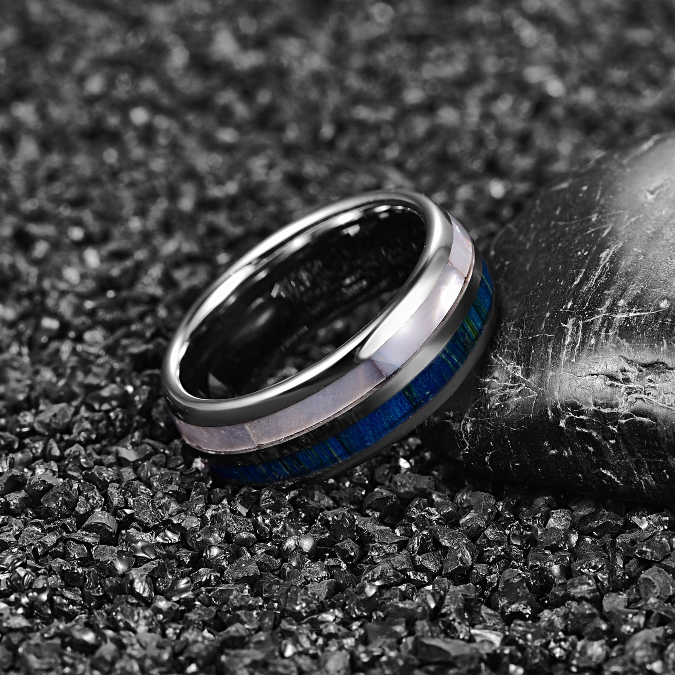 8mm Blue Wood Grain & White Shell Tungsten Men's Ring