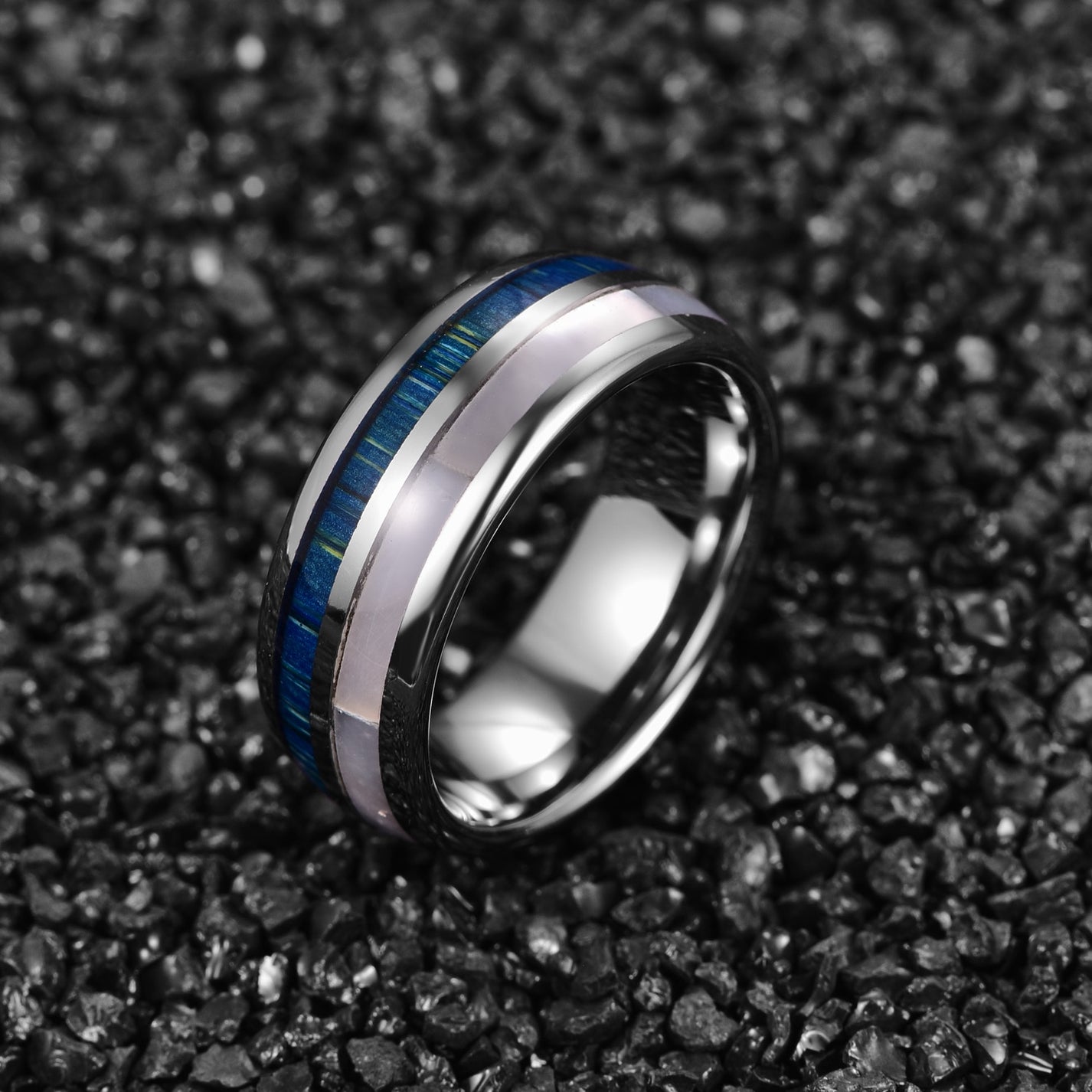 8mm Blue Wood Grain & White Shell Tungsten Men's Ring