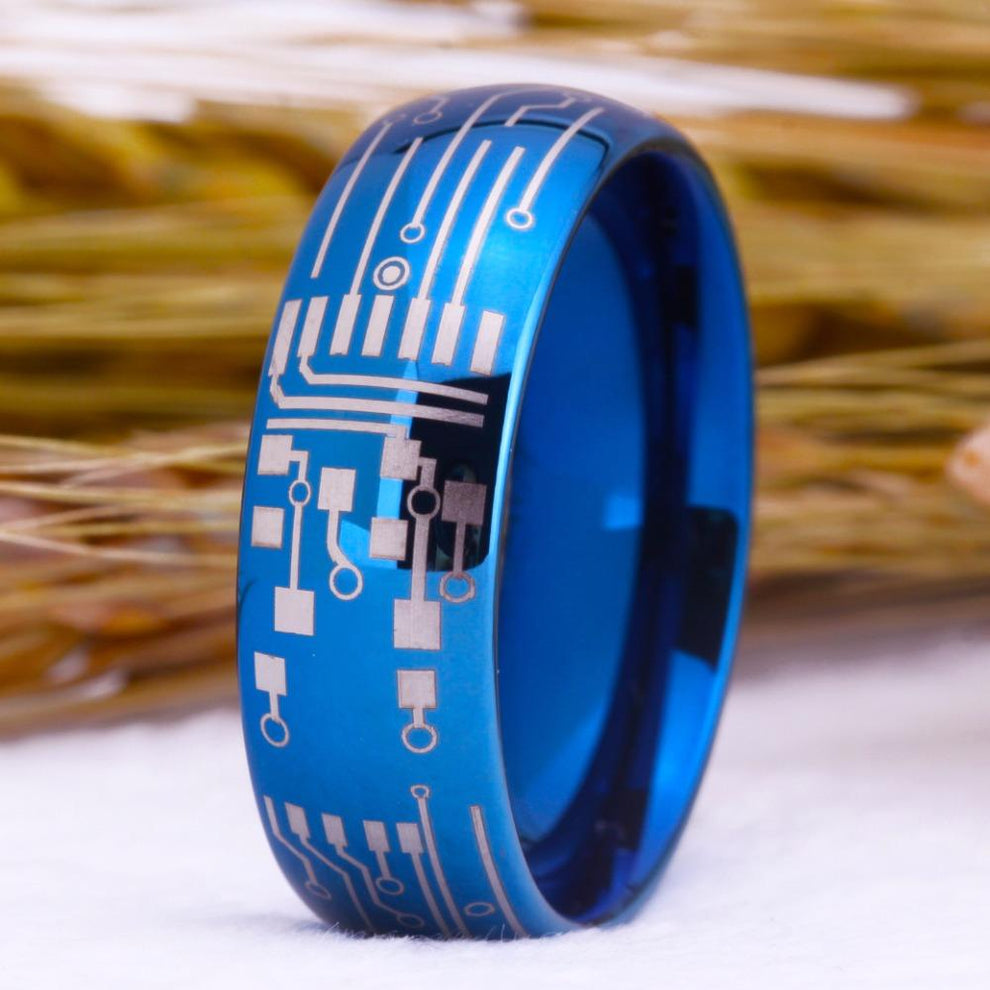 8mm Computer Circuit Board Blue Gamer Mens Ring
