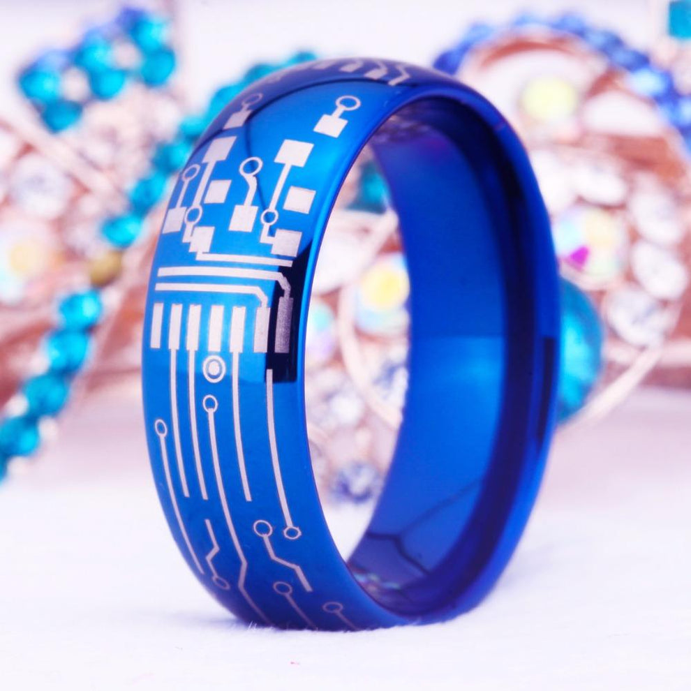 8mm Computer Circuit Board Blue Gamer Mens Ring
