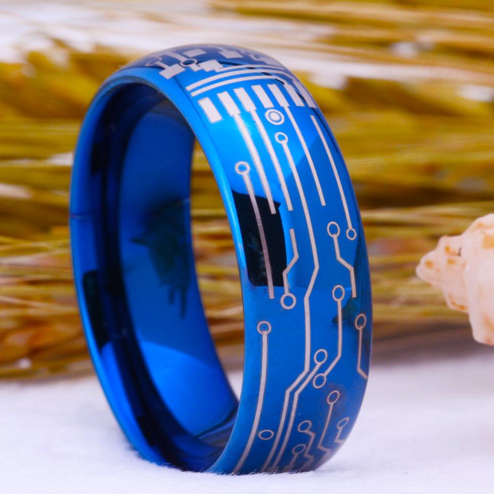 8mm Computer Circuit Board Blue Gamer Mens Ring