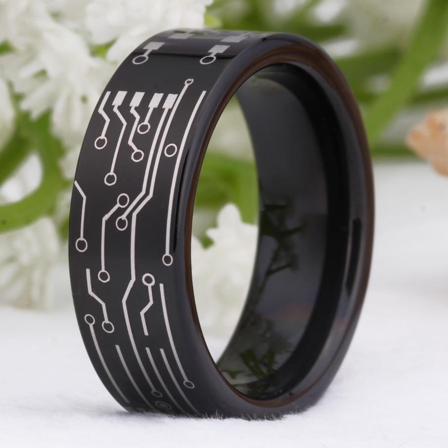 8mm Computer Circuit Board Design Black Gamer Mens Ring