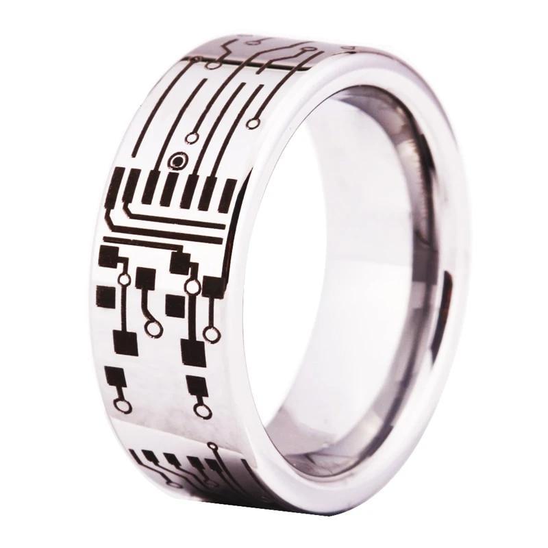 8mm Computer Circuit Board Design Silver Gamer Mens Ring
