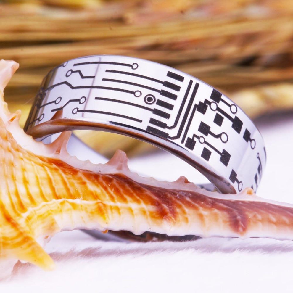8mm Computer Circuit Board Design Silver Gamer Mens Ring