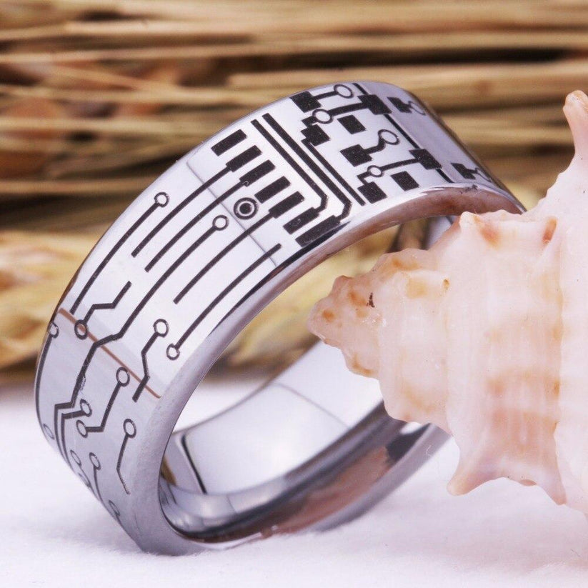 8mm Computer Circuit Board Design Silver Gamer Mens Ring