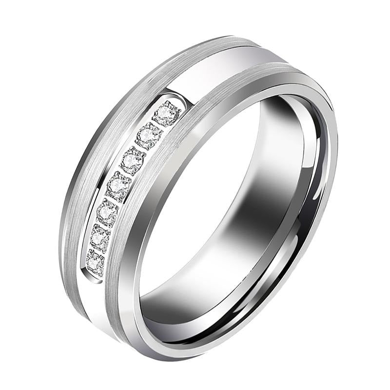 8mm Cubic Zirconias Inlay Silver Tungsten Mens Ring