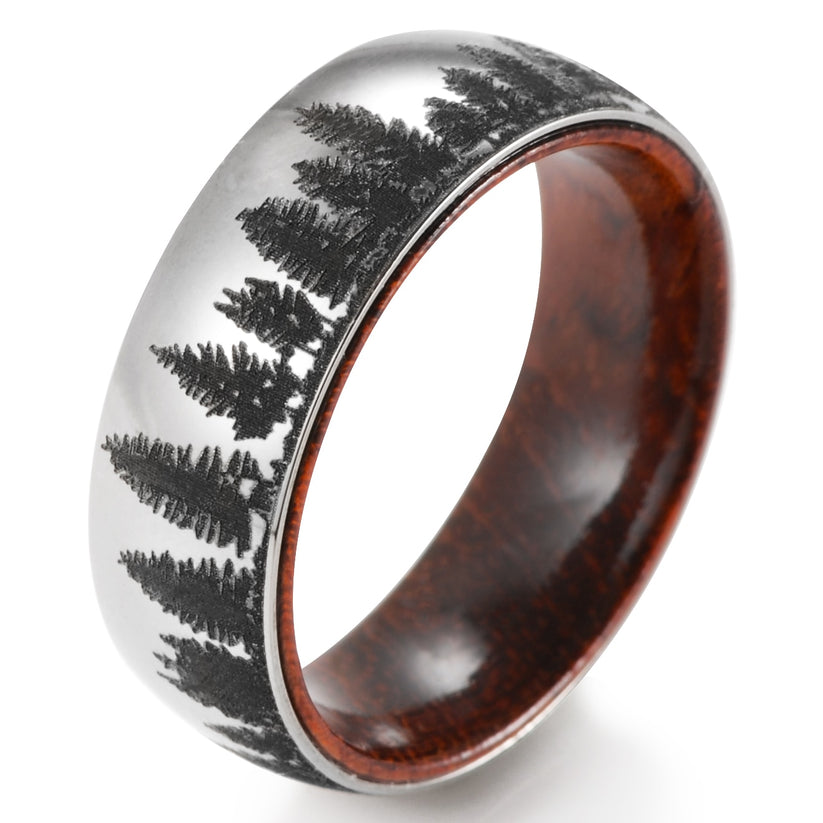 8mm Forest Trees Silver Titanium Rosewood Unisex Ring