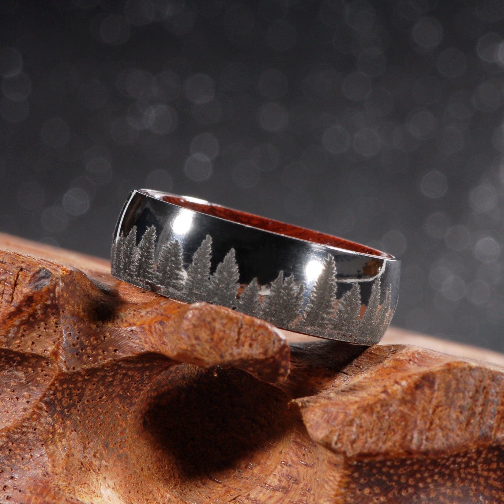 8mm Forest Trees Silver Titanium Rosewood Unisex Ring