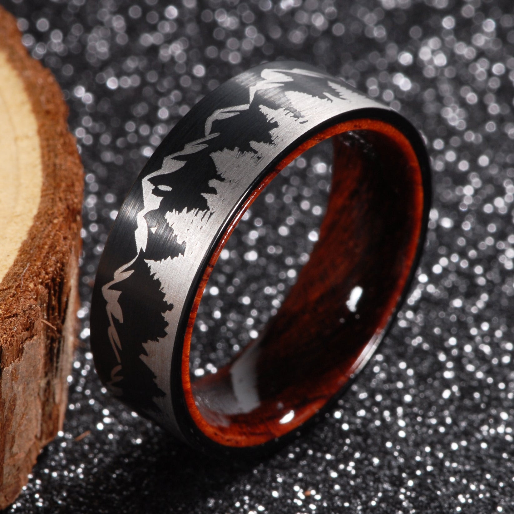 8mm Mountain Forest Scene Tungsten Wood Unisex Ring