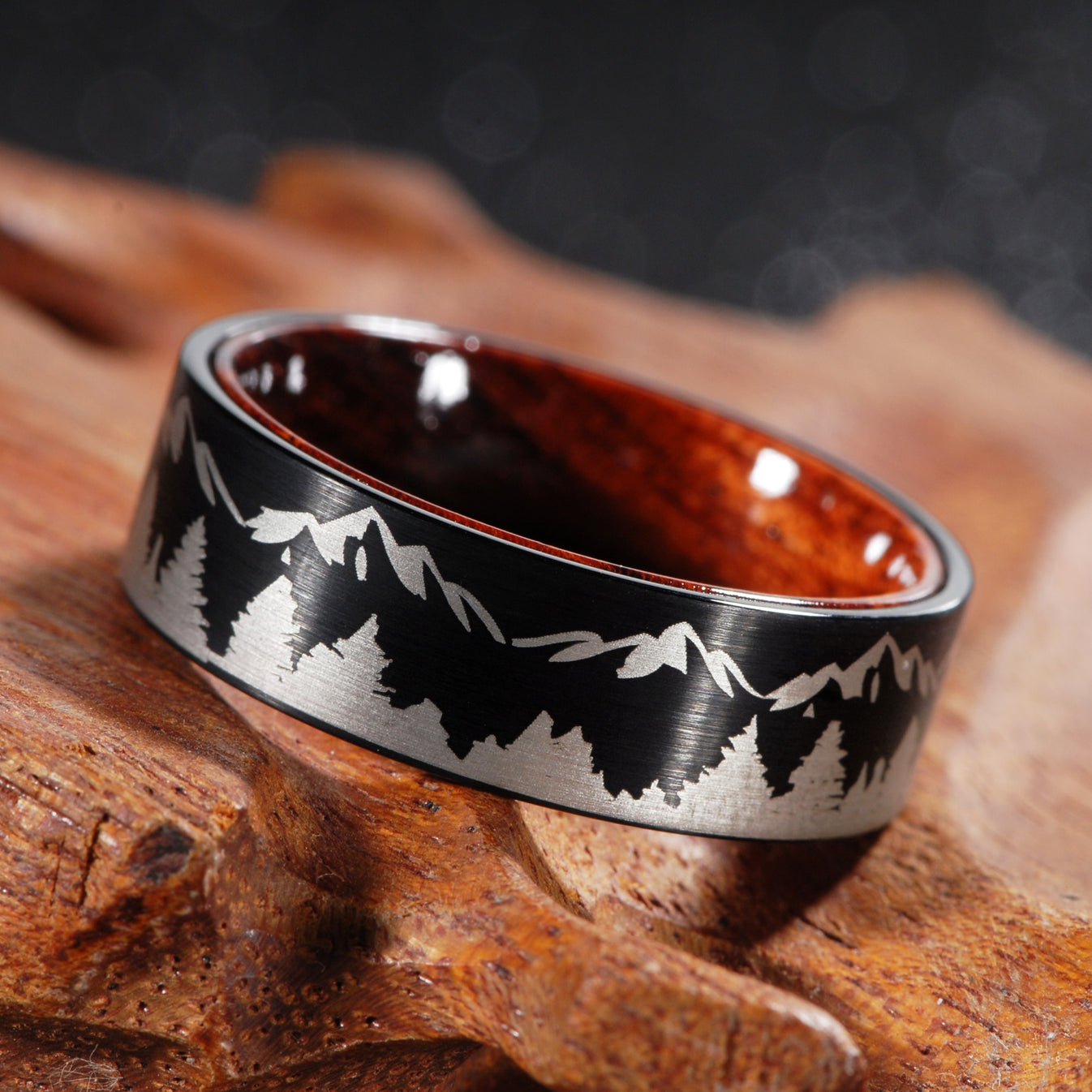 8mm Mountain Forest Scene Tungsten Wood Unisex Ring
