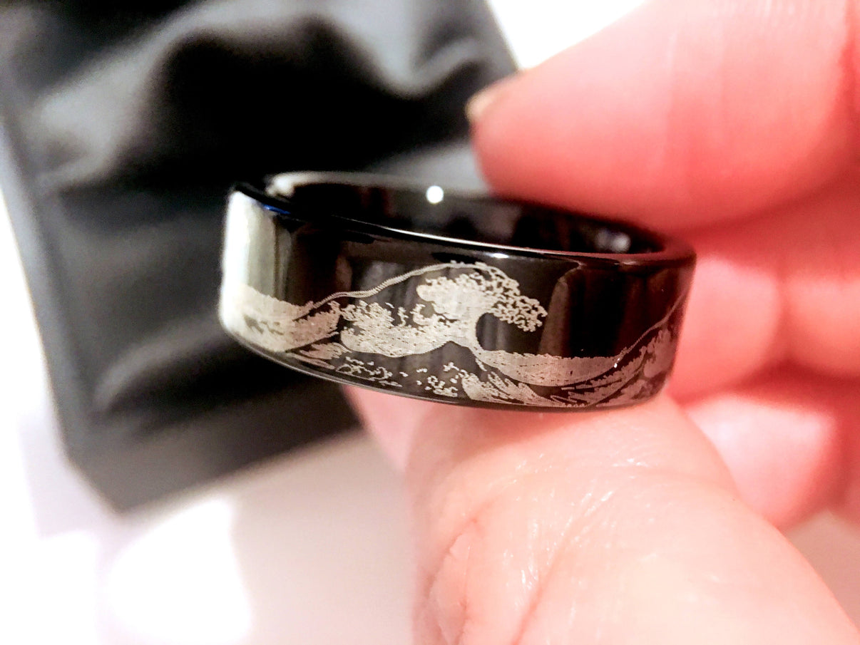 8mm Ocean Waves Surfer Black Tungsten Men's Ring