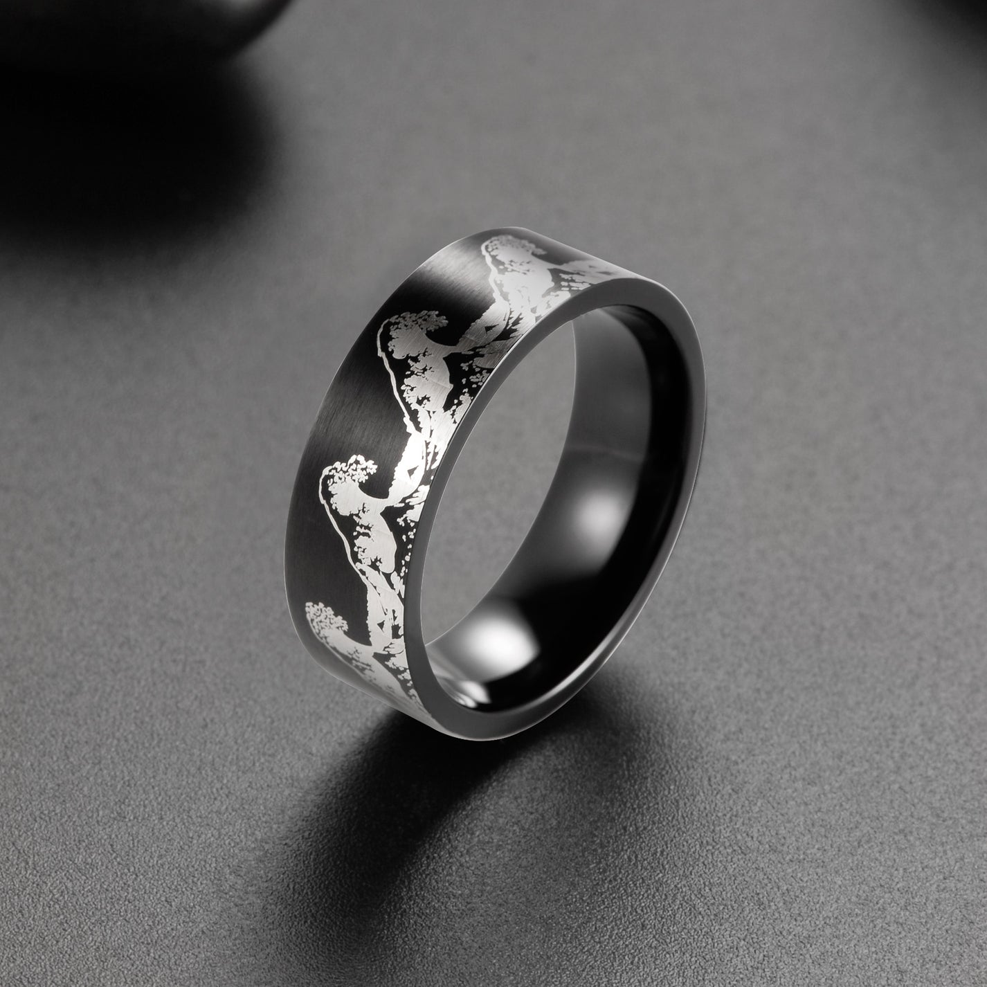 8mm Ocean Waves Surfer Black Tungsten Men's Ring
