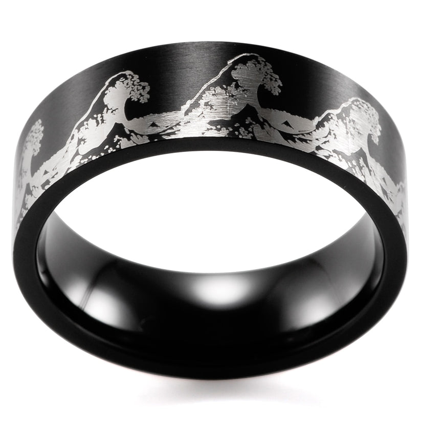 8mm Ocean Waves Surfer Black Tungsten Men's Ring