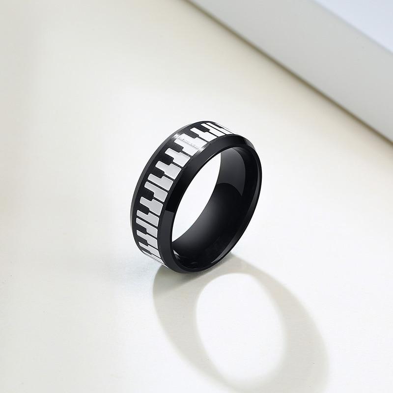 8mm Piano Keyboard Black Stainless Steel Mens Ring