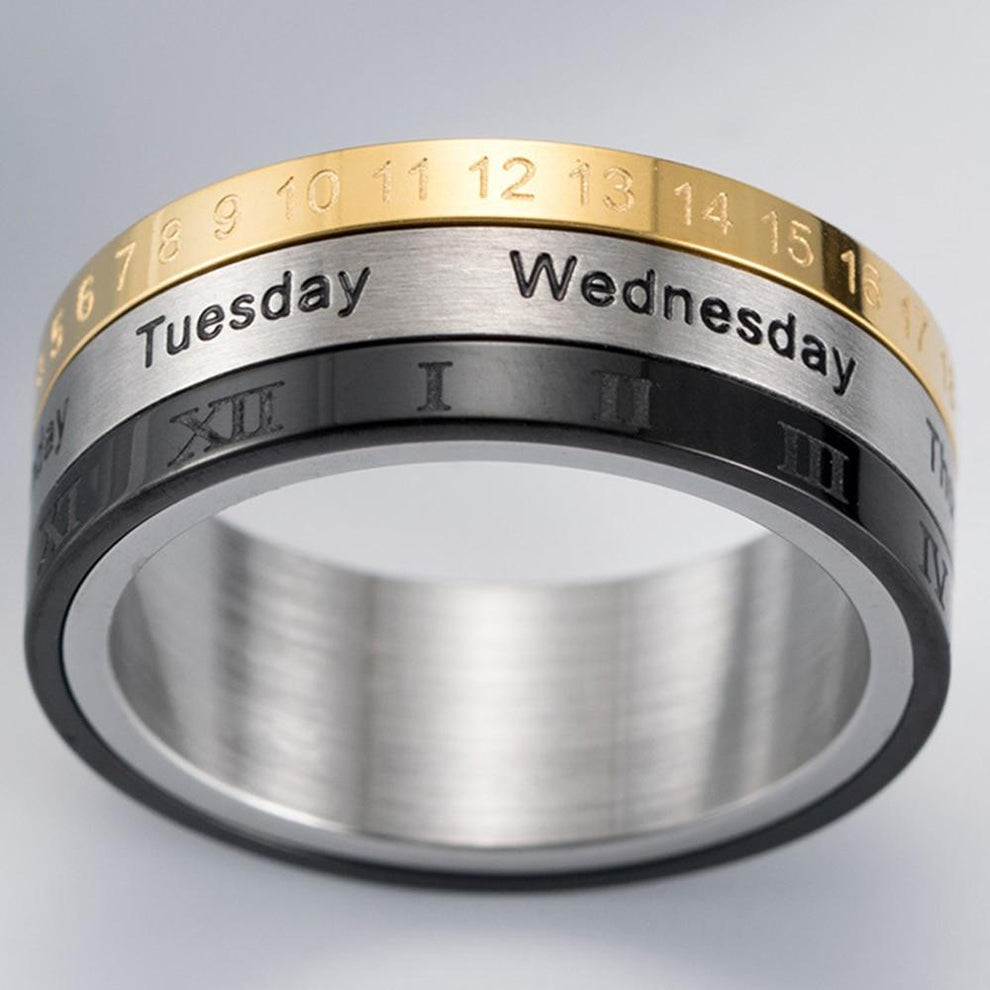 8mm Roman Numerals Date Calendar Rotatable Spinner Mens Ring