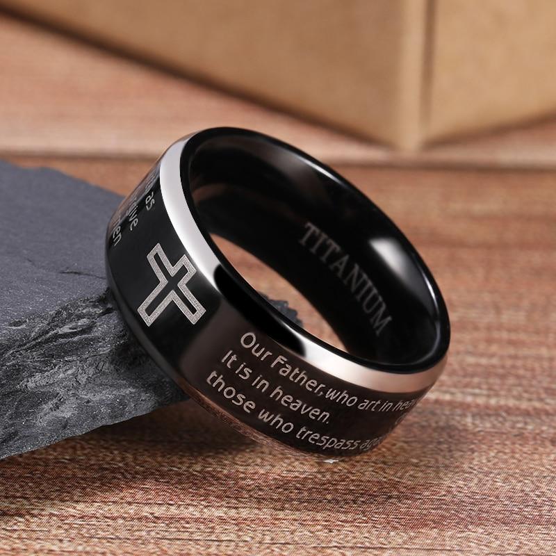 8mm Titanium Men's Ring with Biblical Inscription & Cross Design