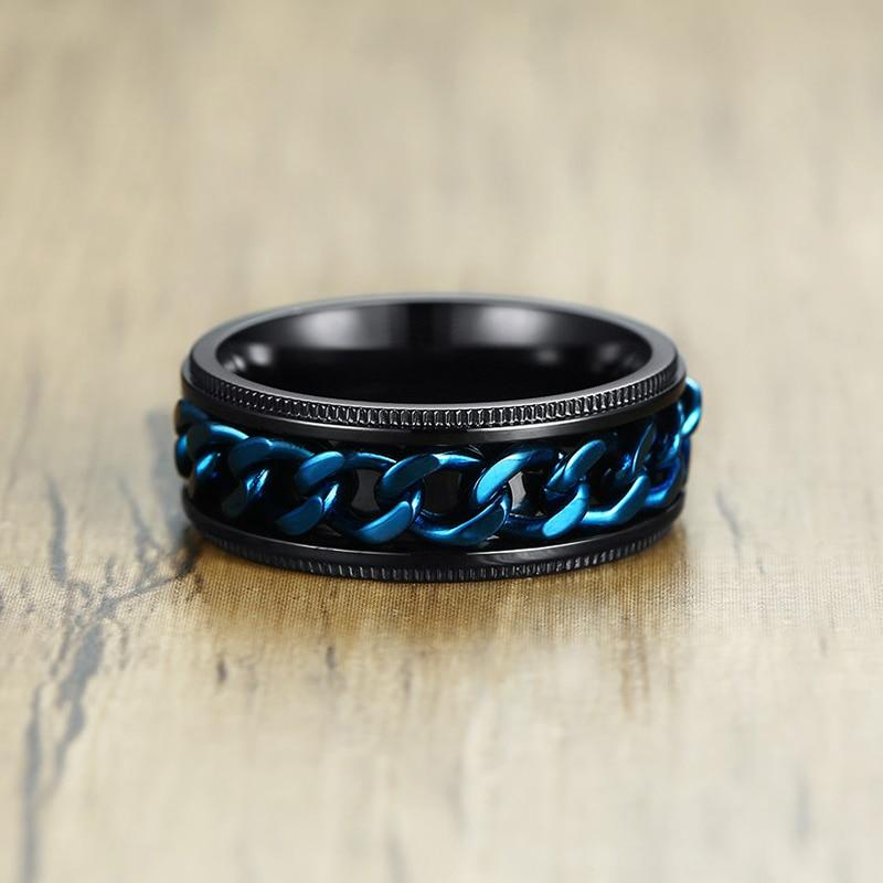 Blue Black Stainless Steel Rotatable Spinner Mens Ring