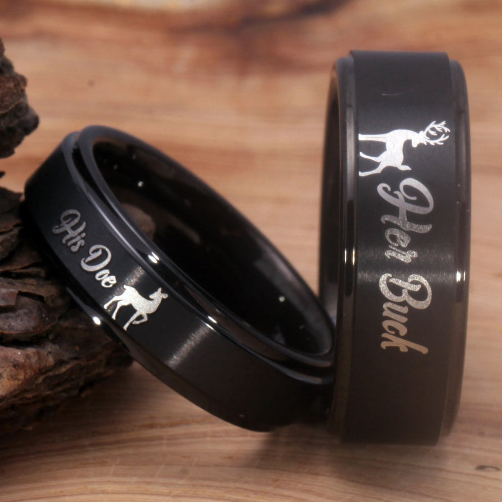 6mm & 8mm Her Buck & His Doe Deer Black Tungsten Couple Rings