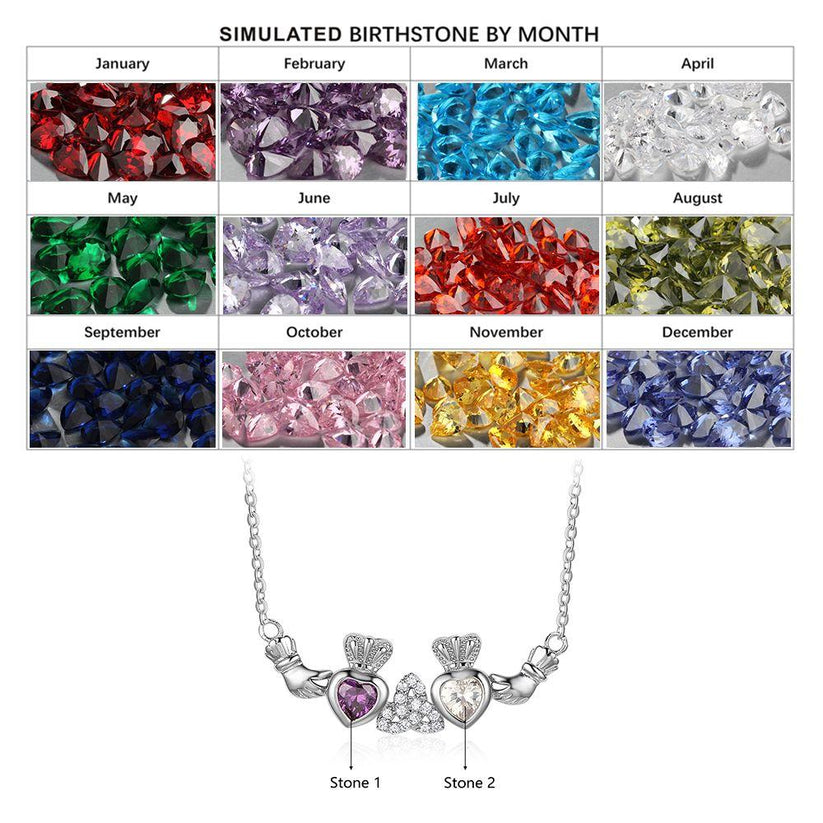 Irish Claddagh 925 Sterling Silver Necklace - 2 Custom Birthstones