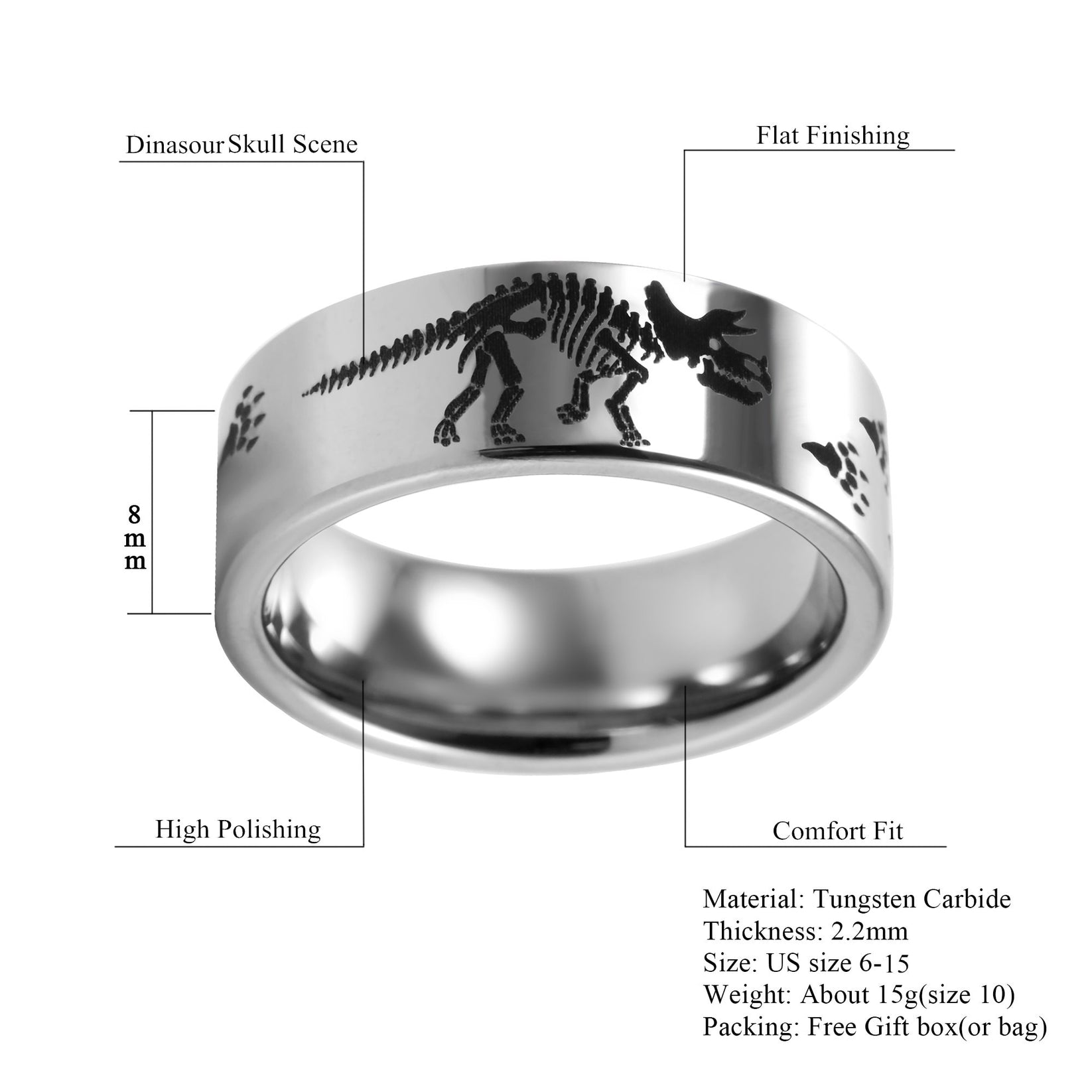 8mm Jurassic Dinosaur Triceratops Palaeontologist Men's Ring (2 Colors)